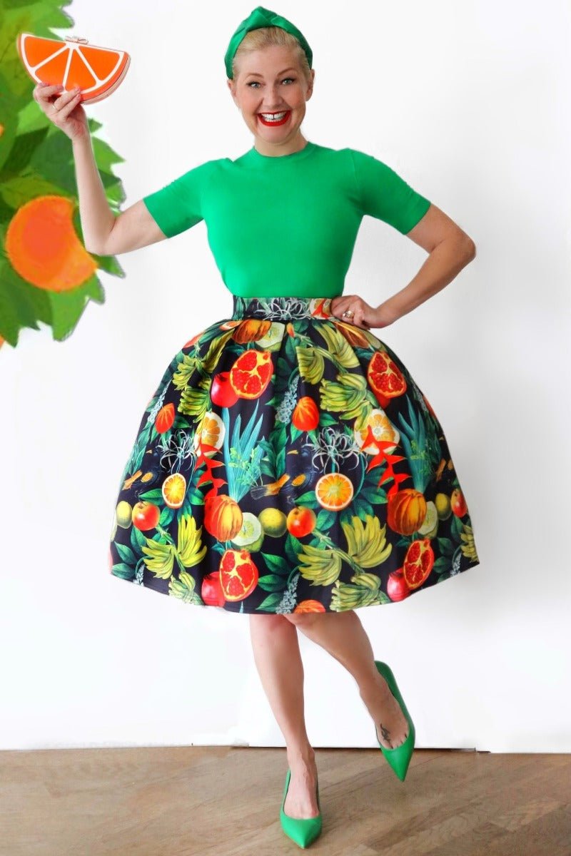 Carolyn Box Pleat Skirt in Tropical Fruits Print - Dolly and Dotty