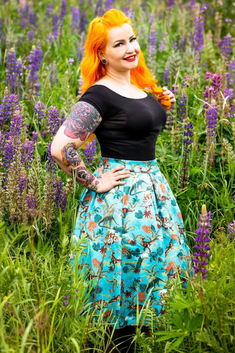 Carolyn Pleated Forest/Dinosaur Print Skirt by Dolly and Dotty