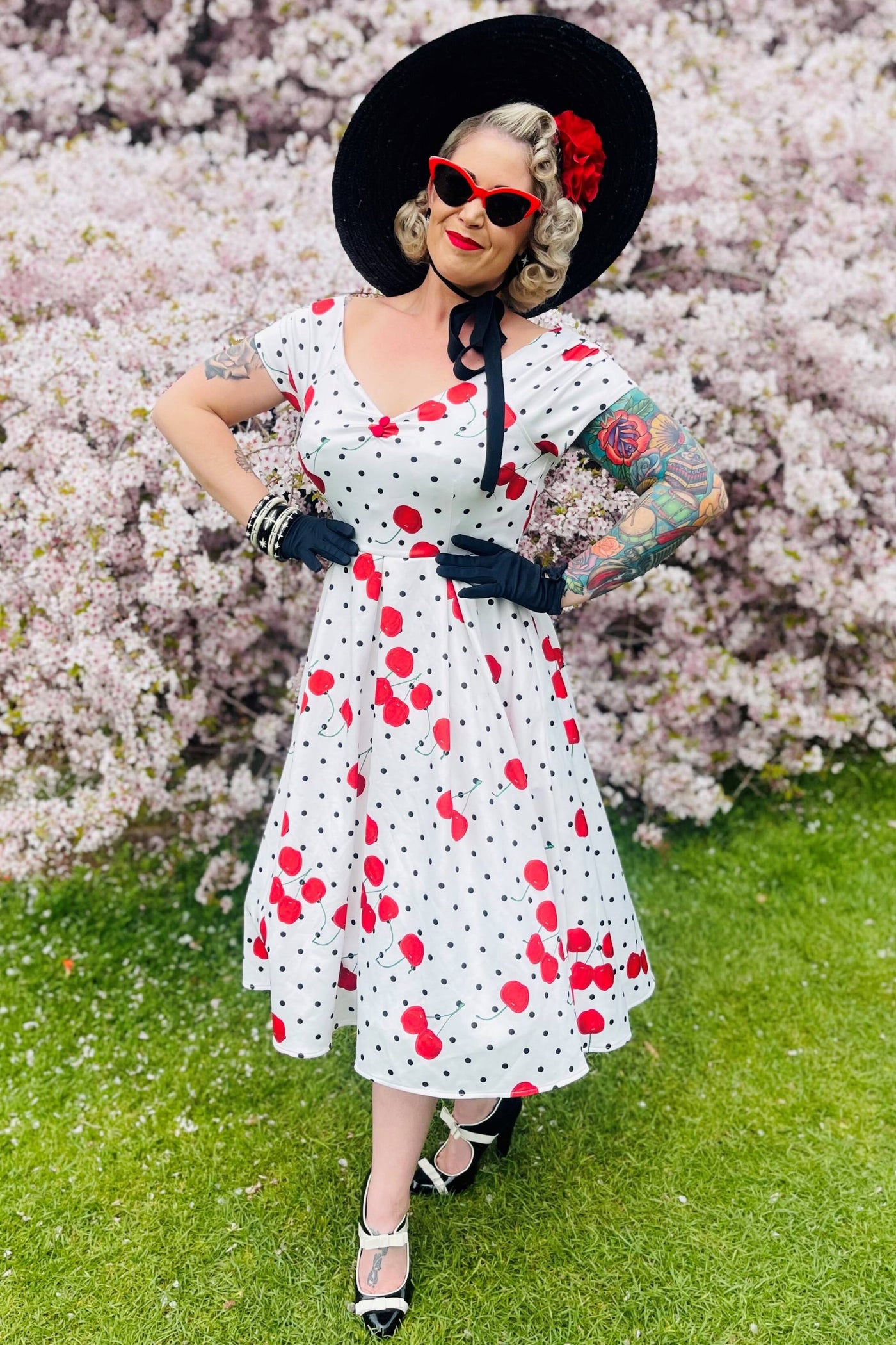 Lily Rockabilly Swing Dress in White Polka Dot/Cherry Print