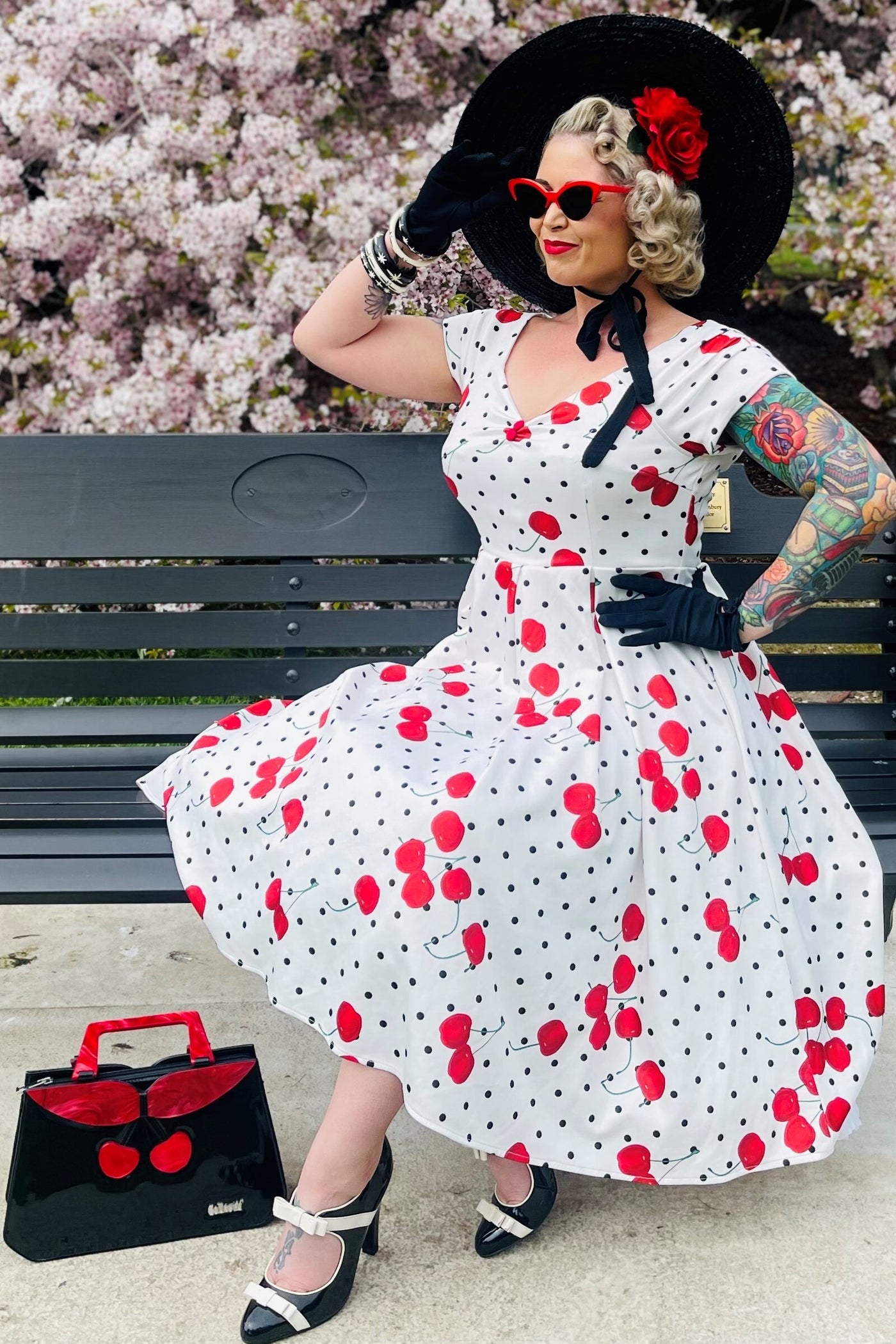 Lily Rockabilly Swing Dress in White Polka Dot/Cherry Print