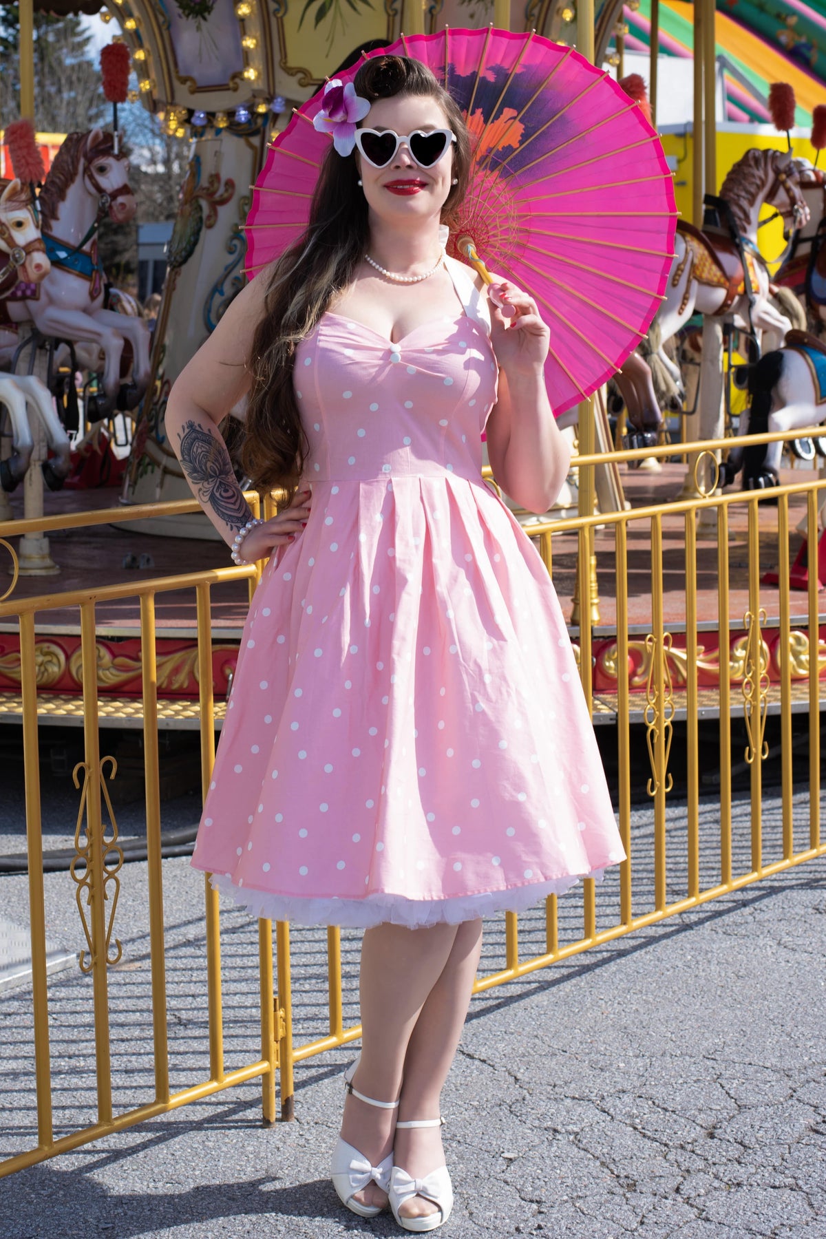 Sophia Light Pink Polka Dot Halterneck Dress - Dolly & Dotty