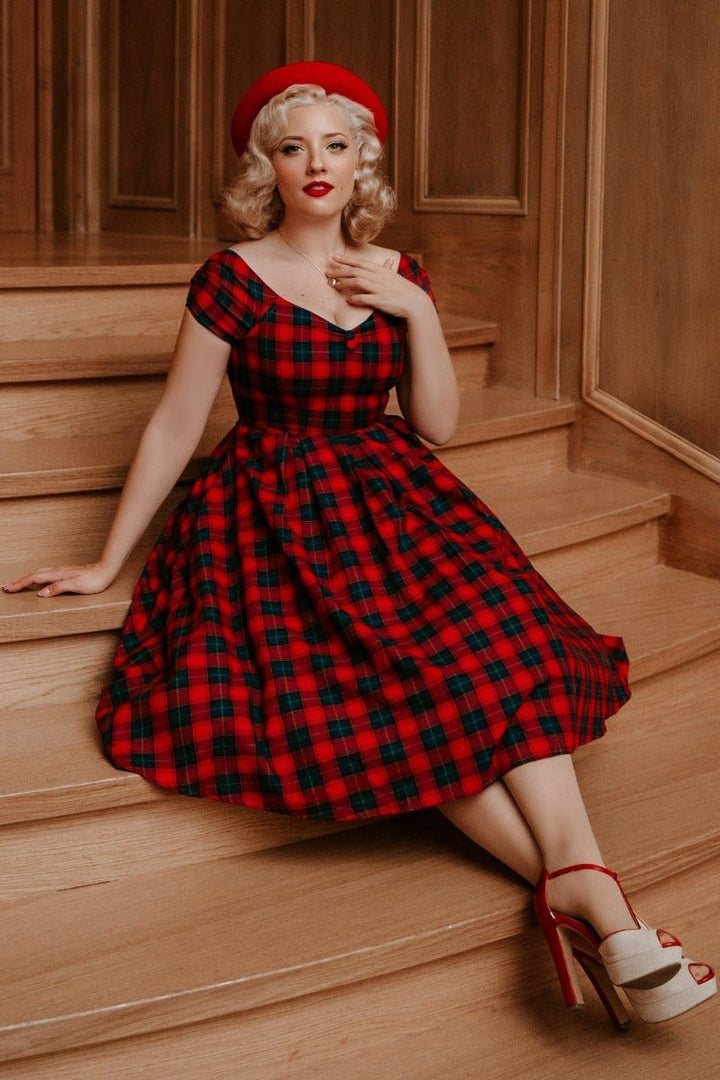 Lily Off Shoulder Red Tartan Swing Dress Dolly and Dotty