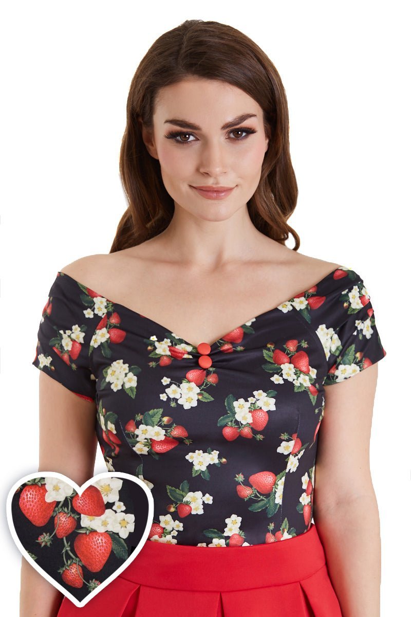 Lilian Off Shoulder Black Strawberry Top - Dolly and Dotty