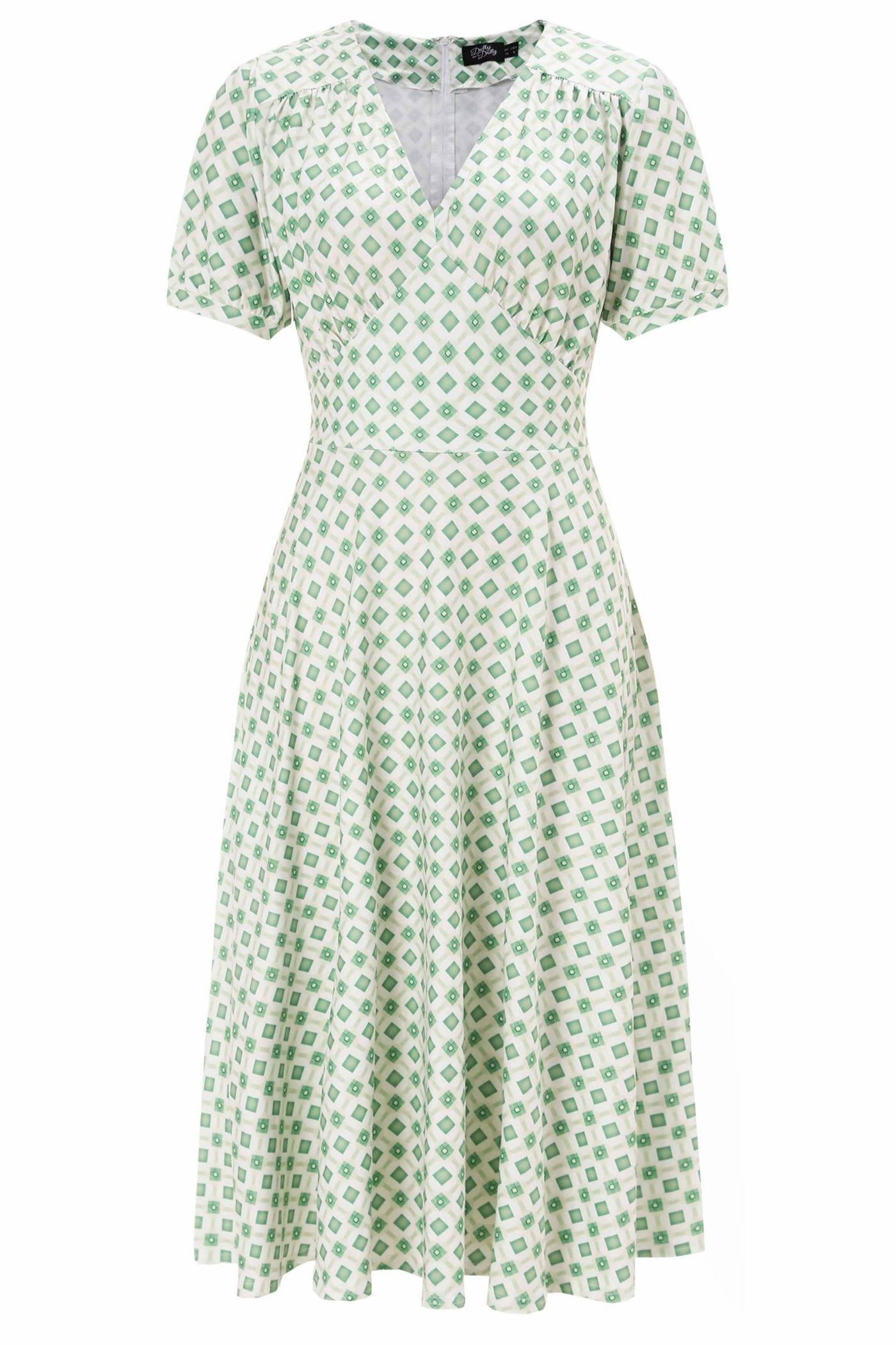 Green Casual Dress In Geometric Diamond Print | Summer Midi Dress
