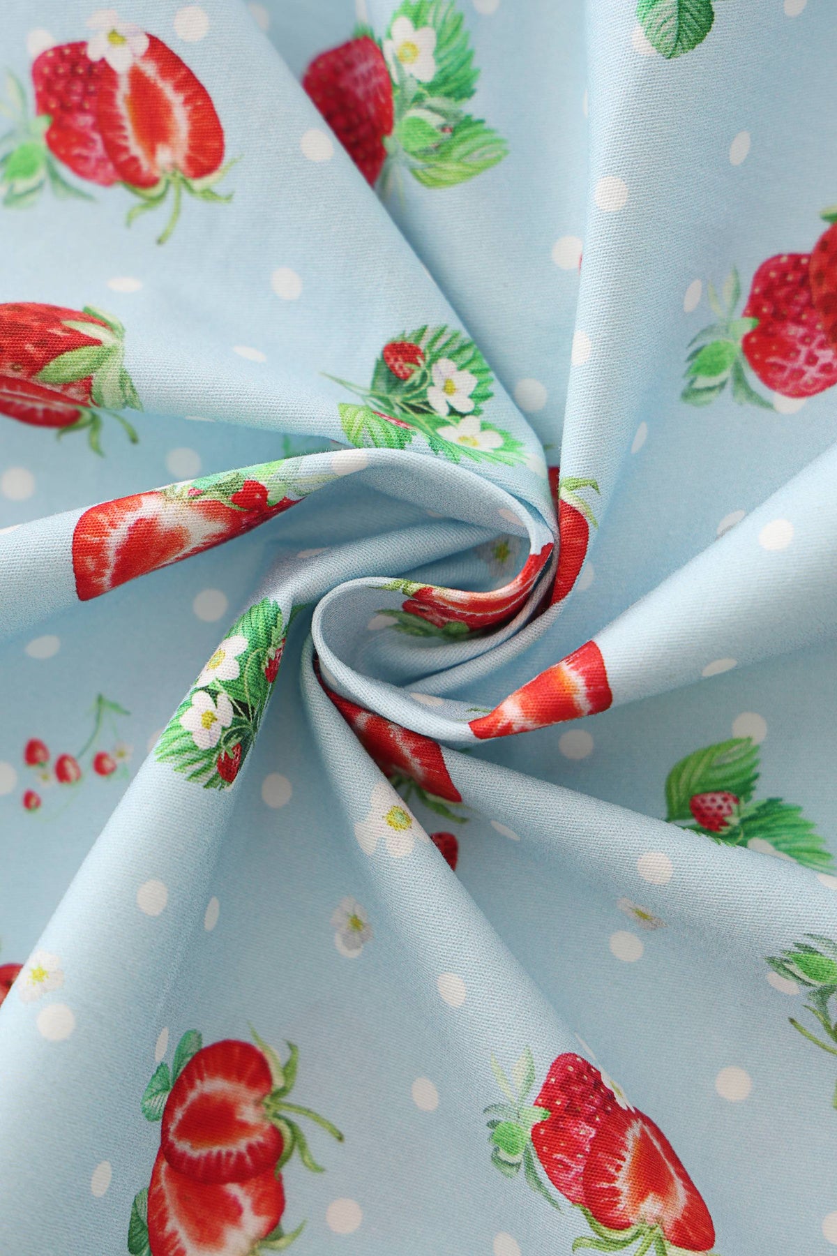 Ophelia Light Blue Strawberry & Polka Dot Vintage Midi