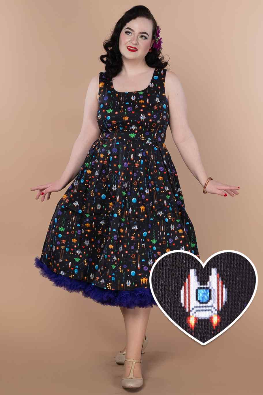 Amanda Black Retro Arcade Game Flared Dress