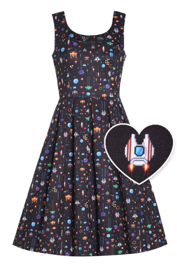 Amanda Black Retro Arcade Game Flared Dress