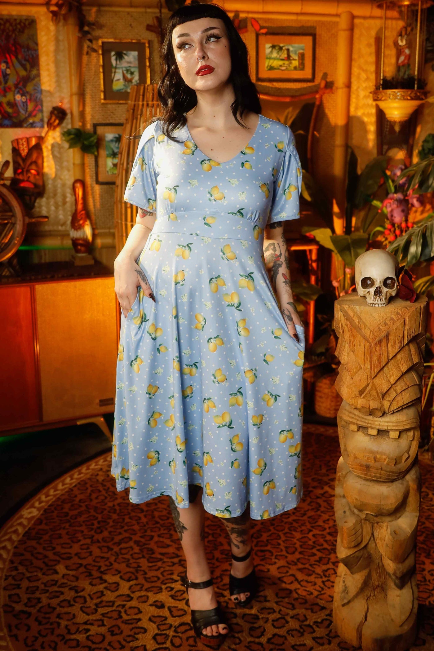 Janice Blue Lemon Petal Sleeved Tea Dress