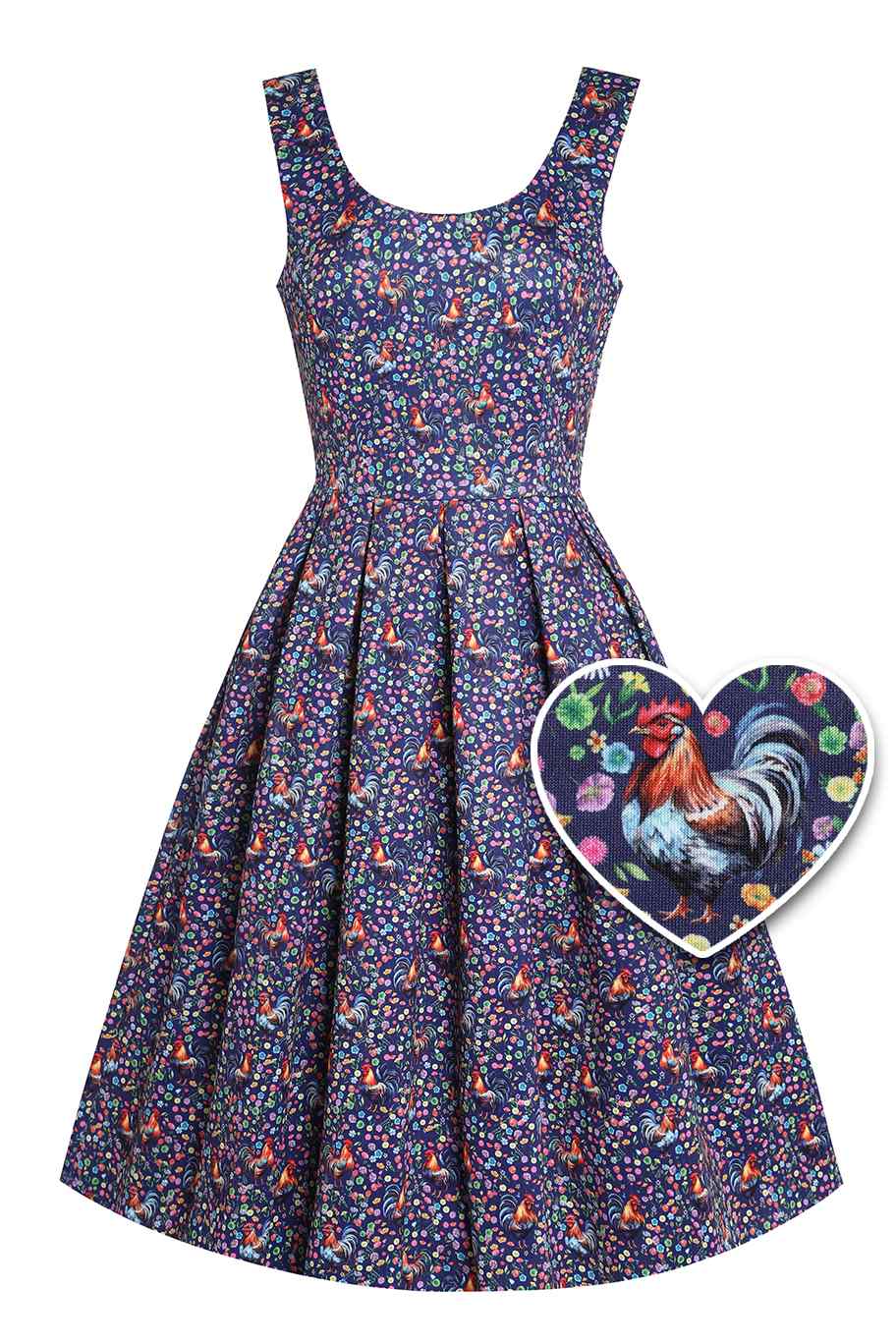 Amanda Flared Dress in Purple Floral Rooster Print