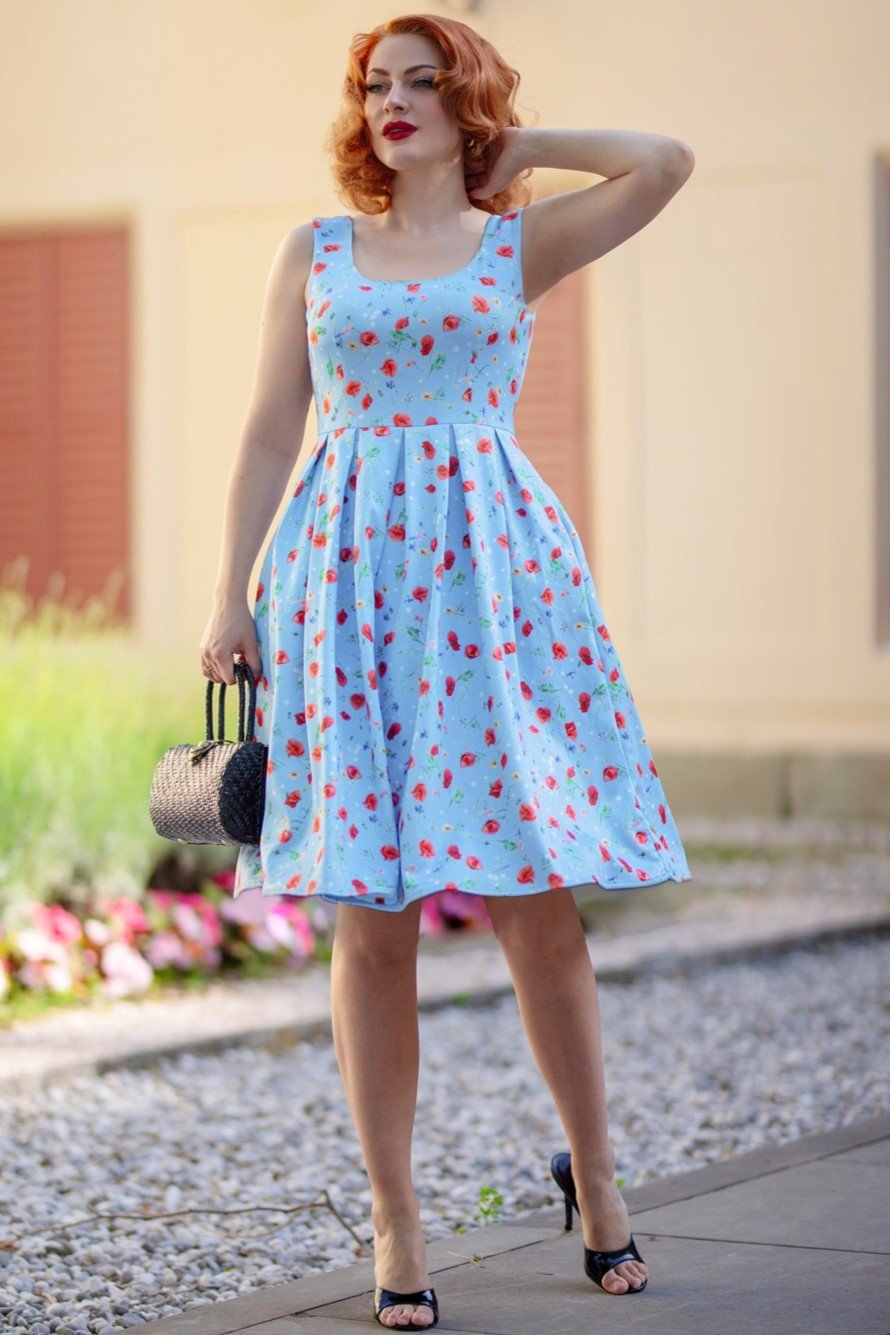 Amanda Light Blue Poppy Swing Dress