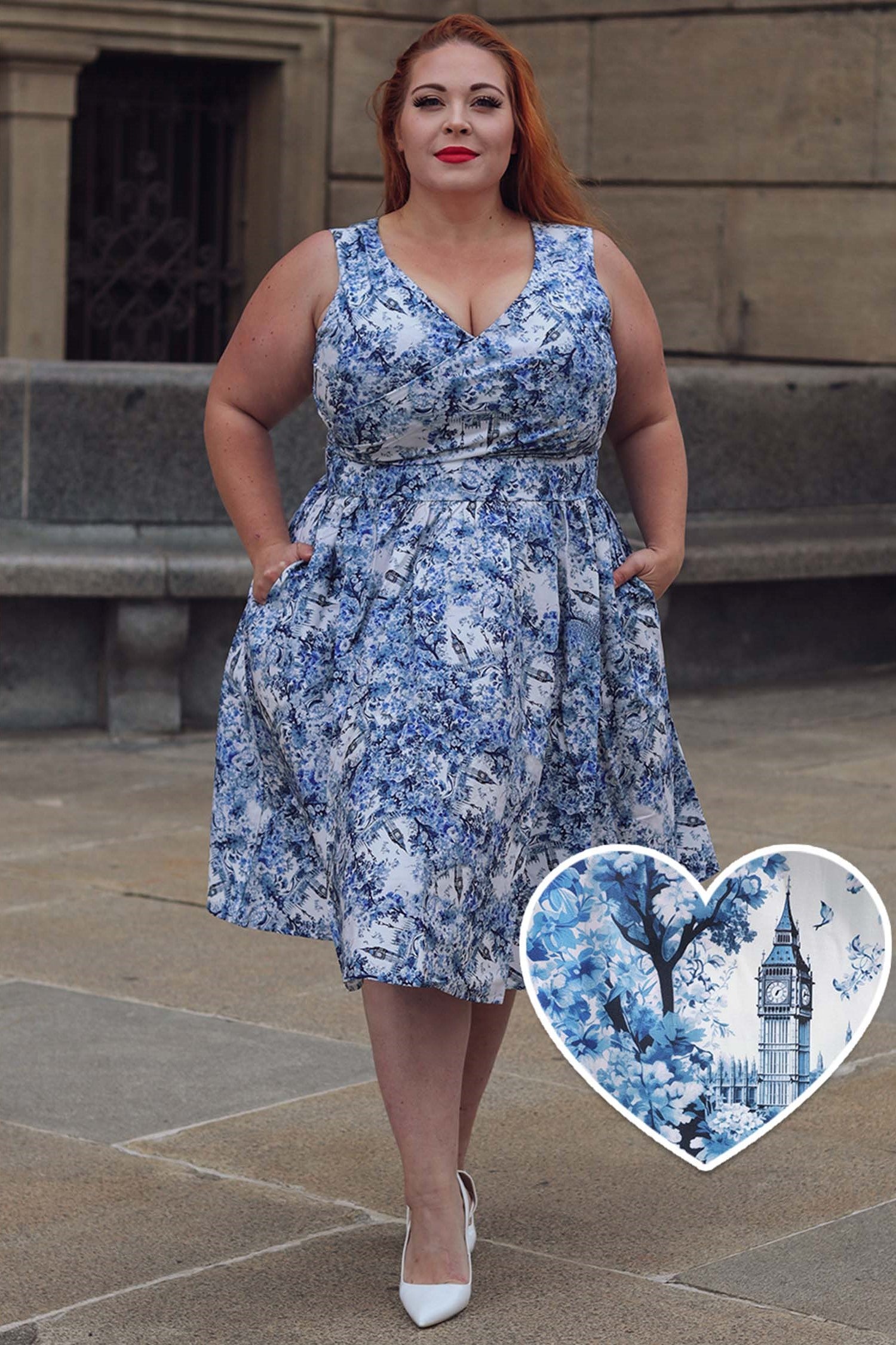 May White Crossover Bust Dress in Big Ben Print | Vintage Swing Dress