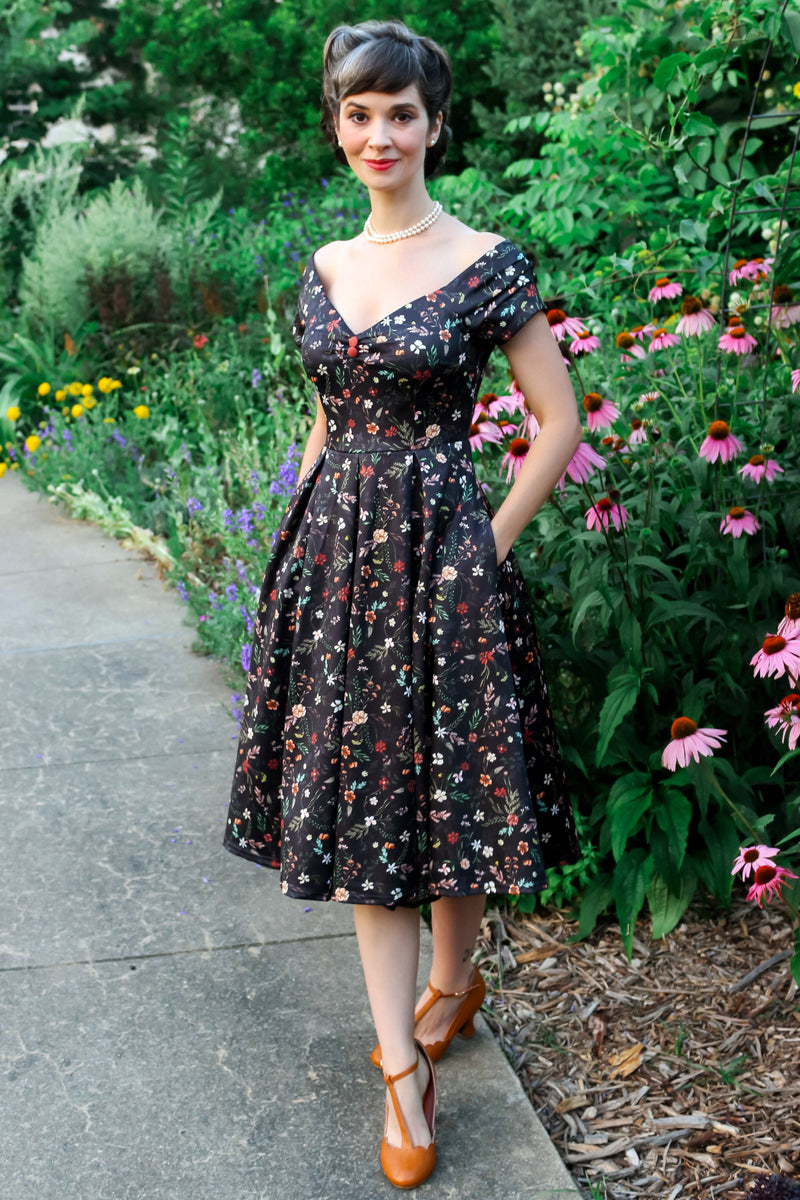 Lily Meadow Floral Black Off Shoulder Dress