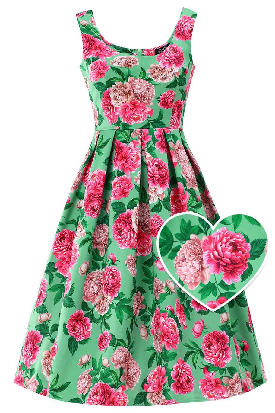 Pink Peony Flared Dress In Mint Green With Box Pleats