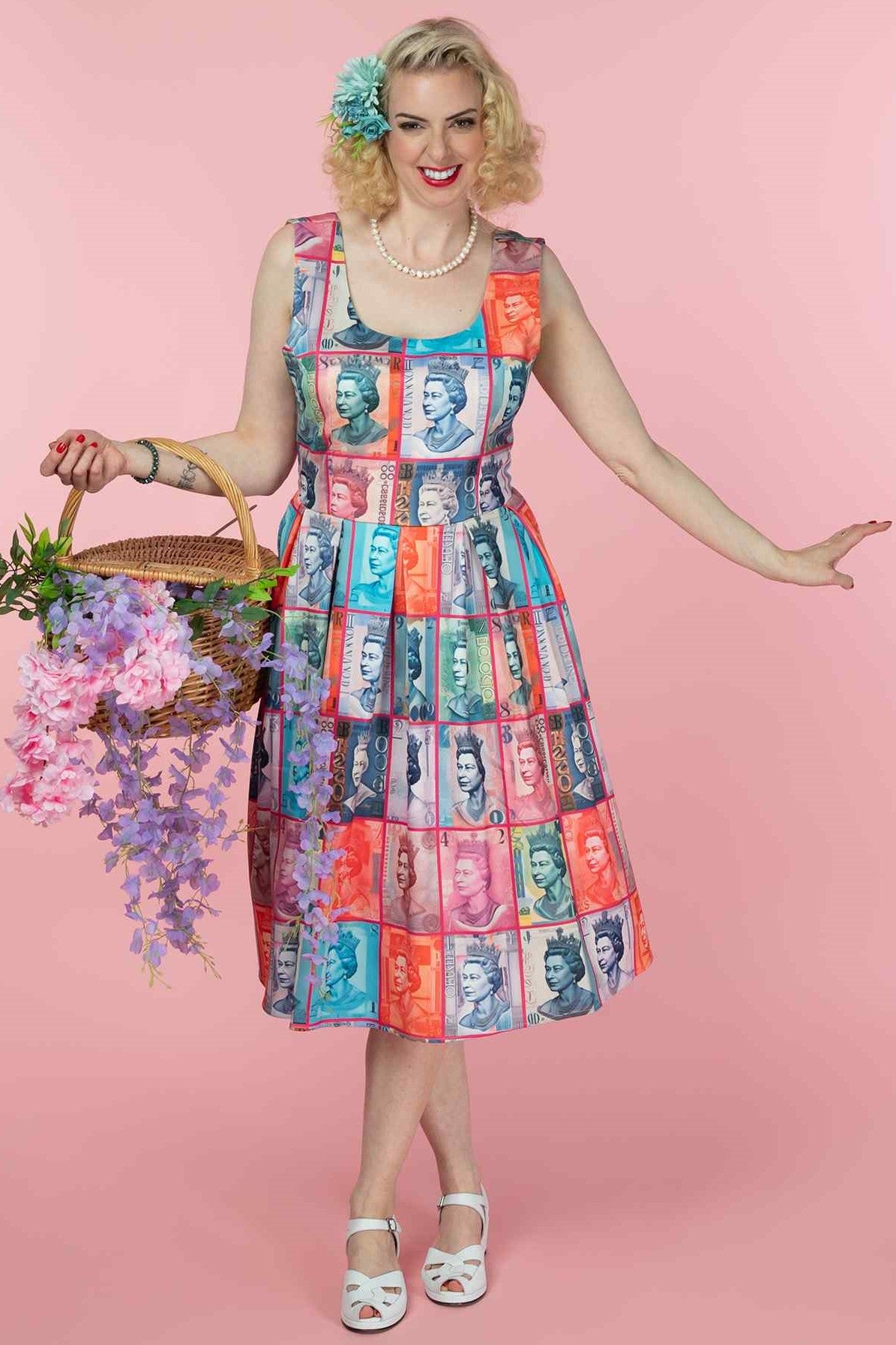 Queen Elizabeth II Sterling Pound Flared Dress