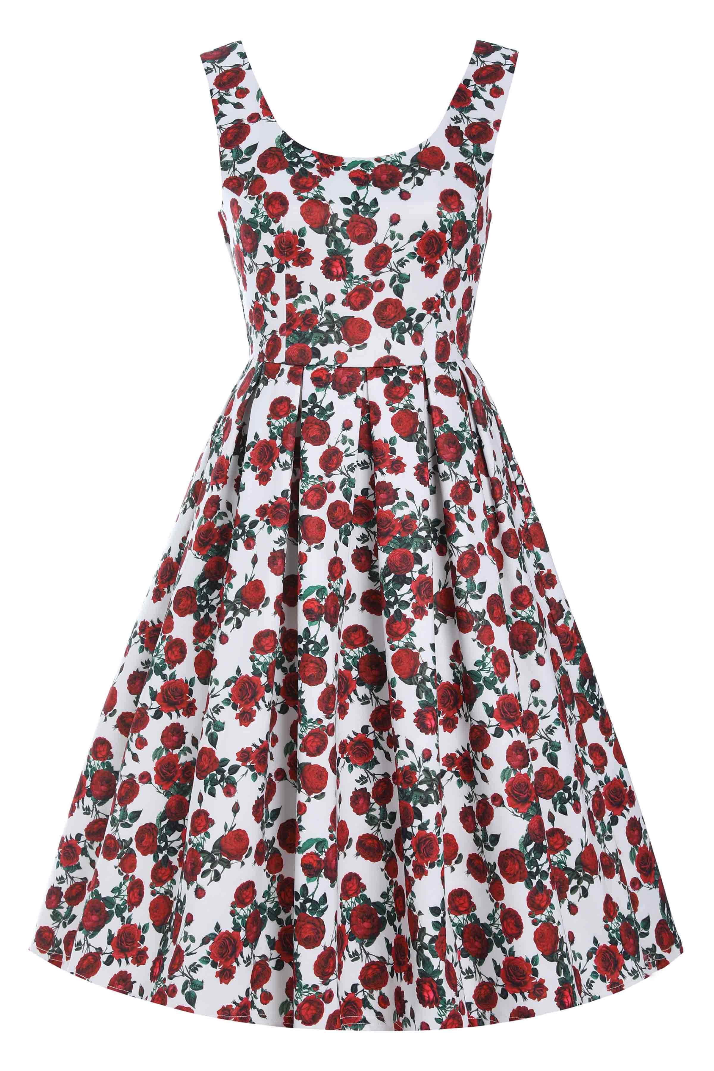 Retro Red Rose Dress In White With Pockets