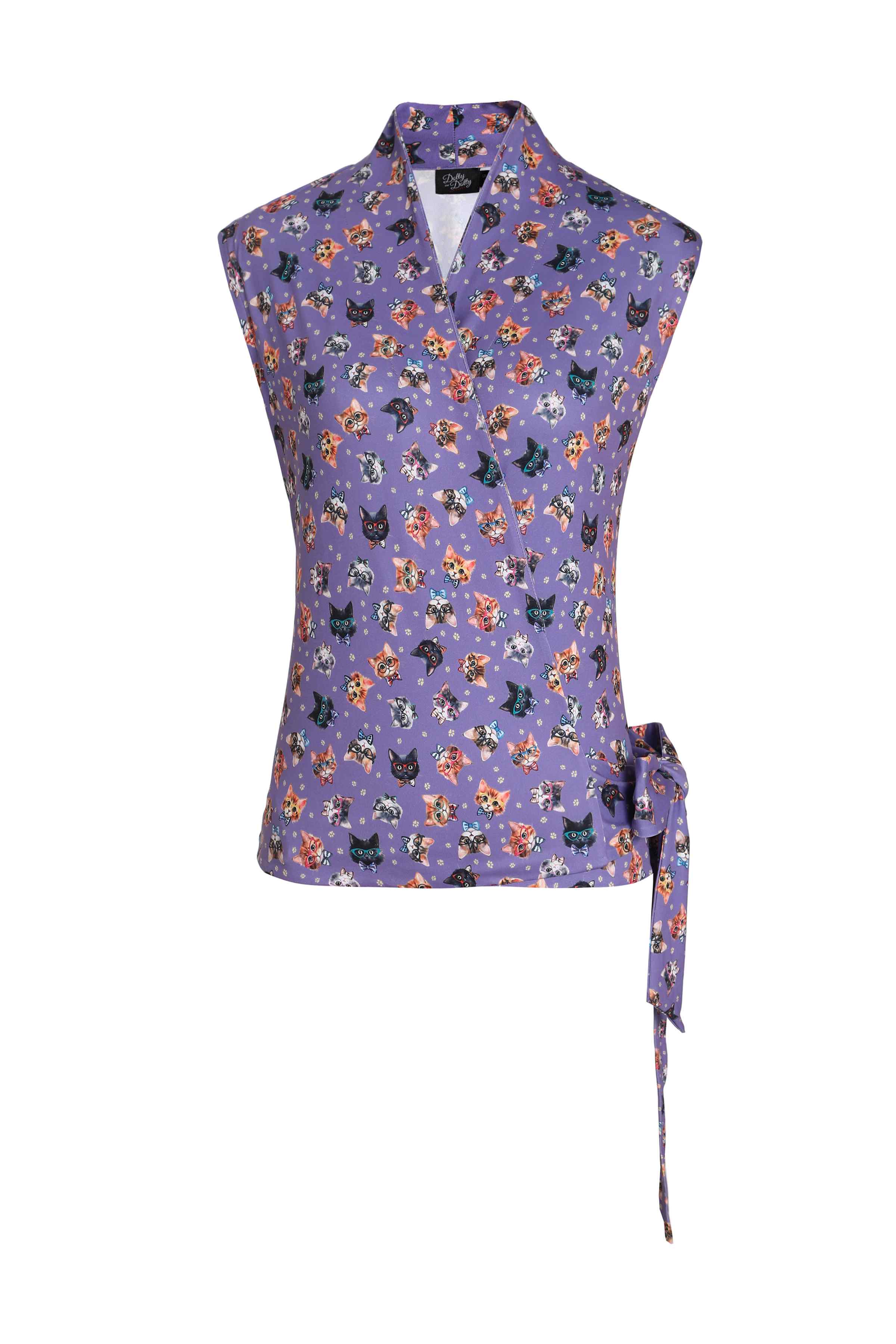 Felix Sleeveless Wrap-Around Purple Cat Print Top