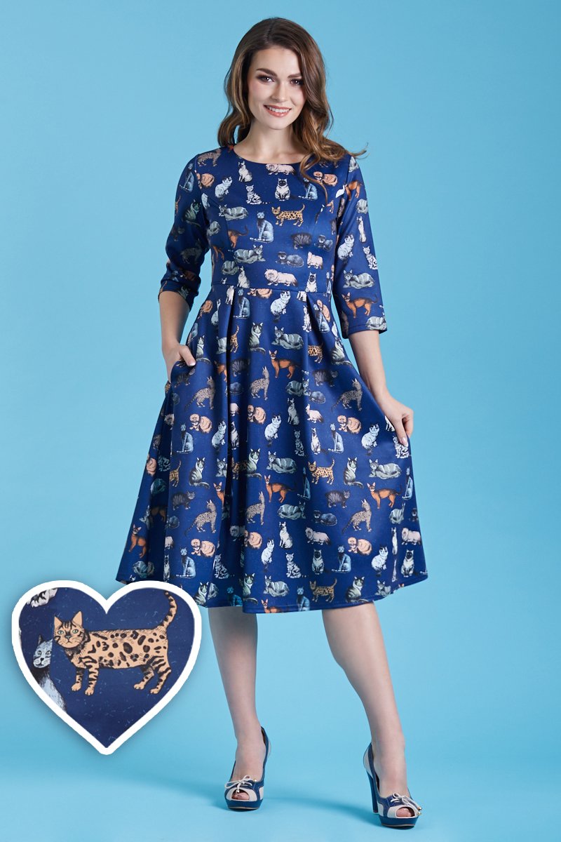 Quirky Long Sleeve Midi Cat Dress