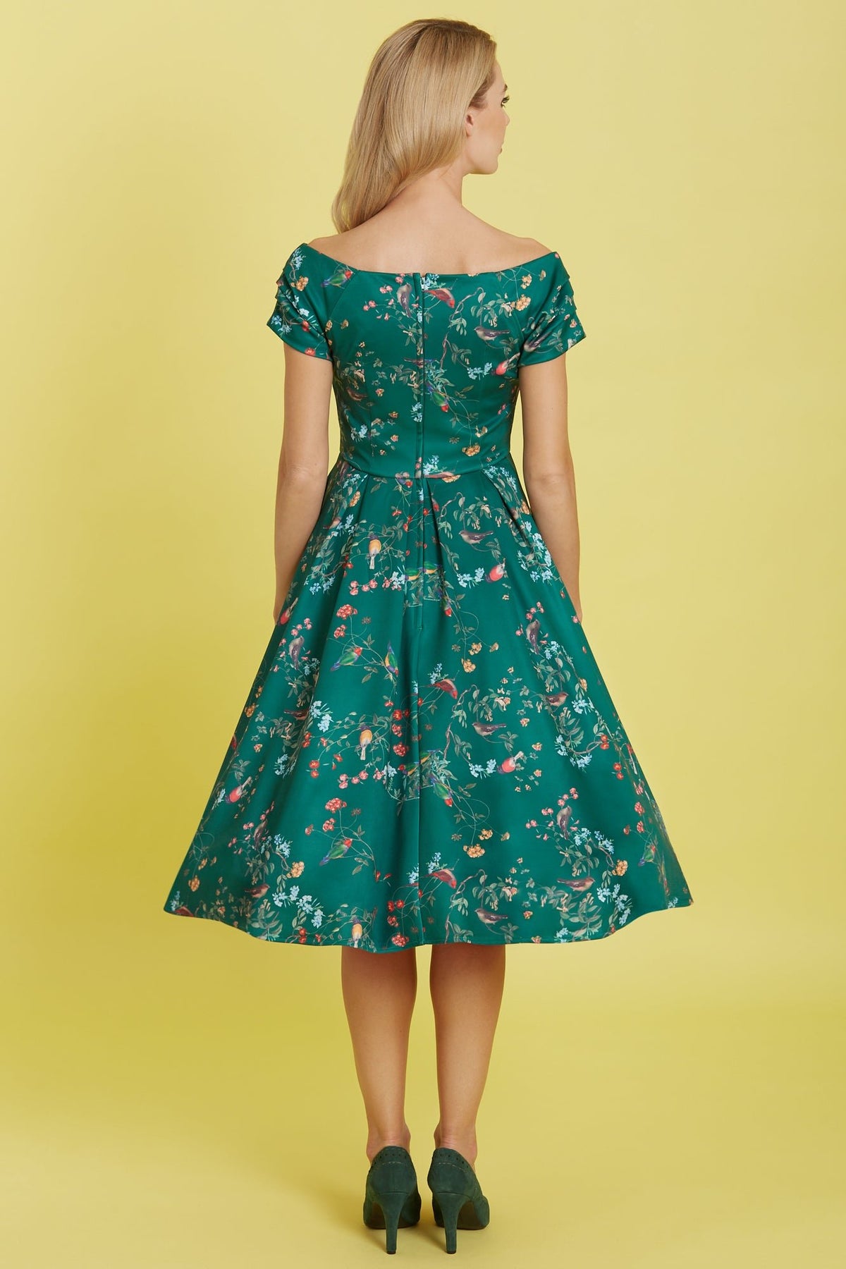 Lily 50's Full Circle Tea Dress in Green Floral Birds Print