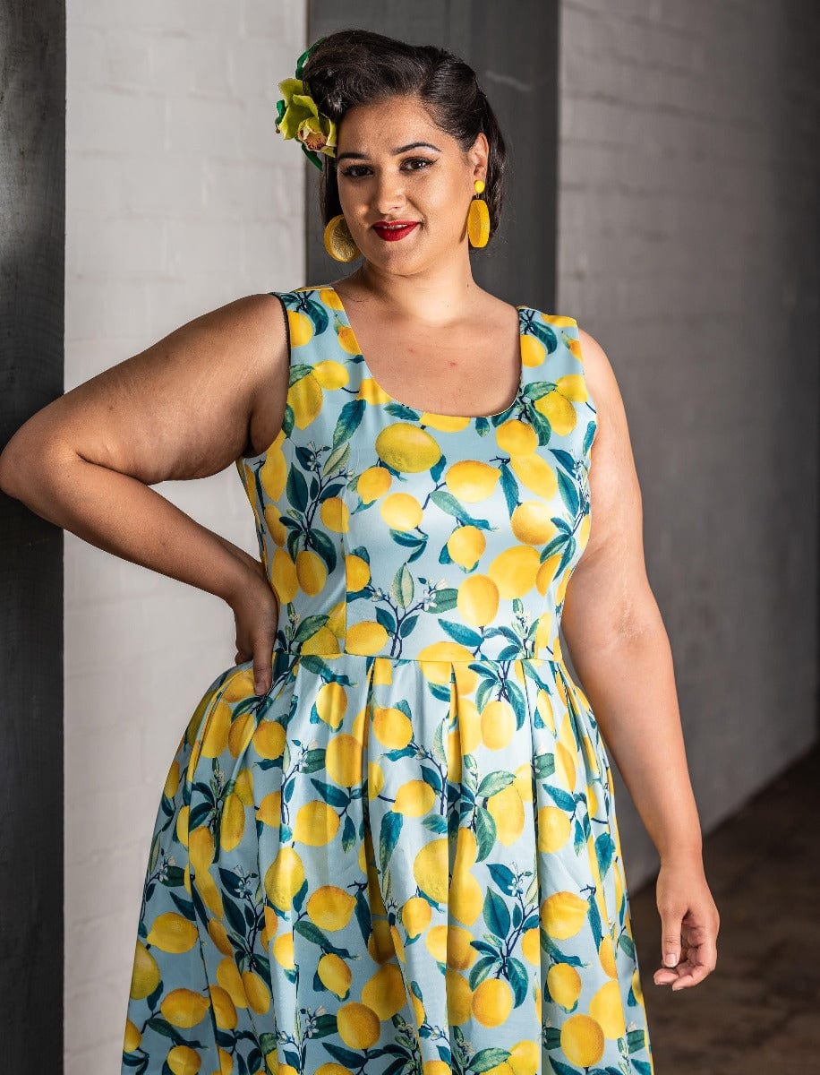 Vintage Inspired Blue Lemon Print Dress