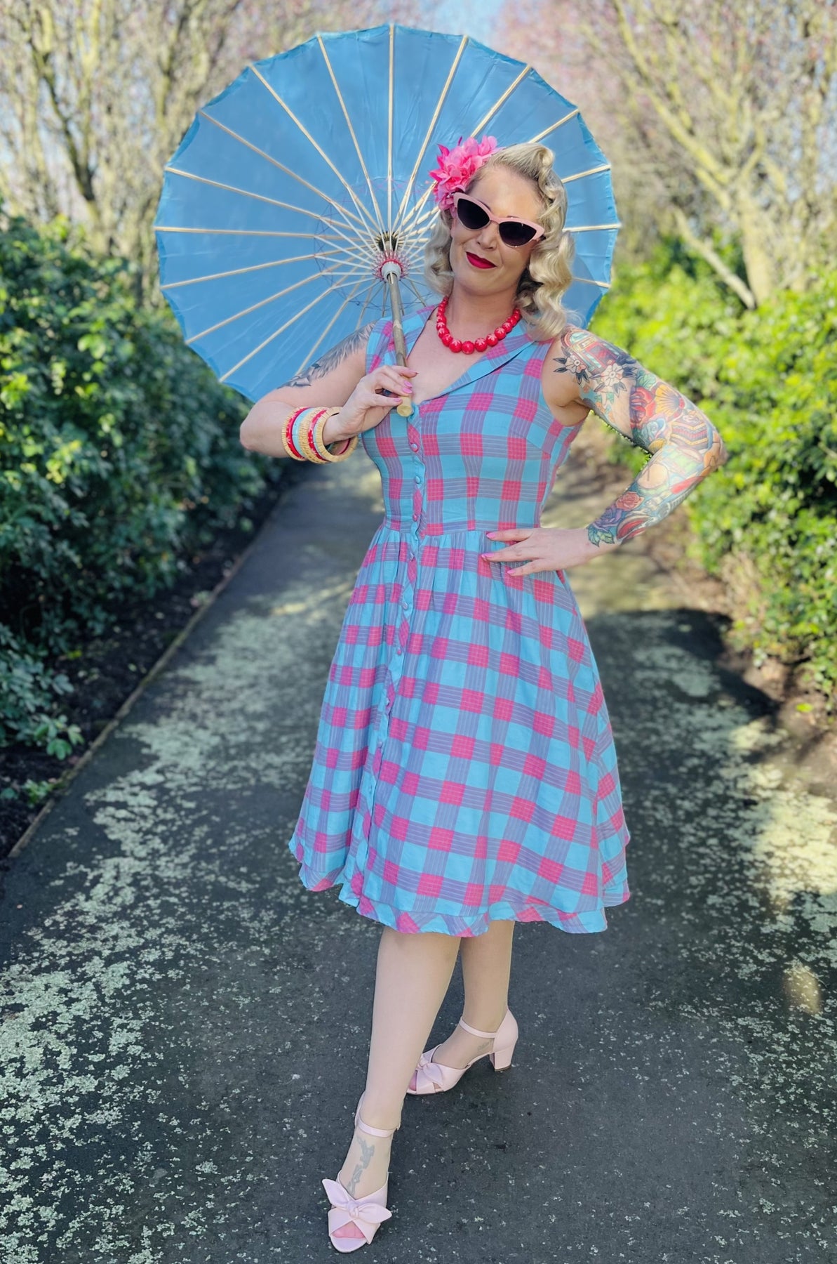 Maverick Vintage Blue & Pink Check Collar Shirt Dress