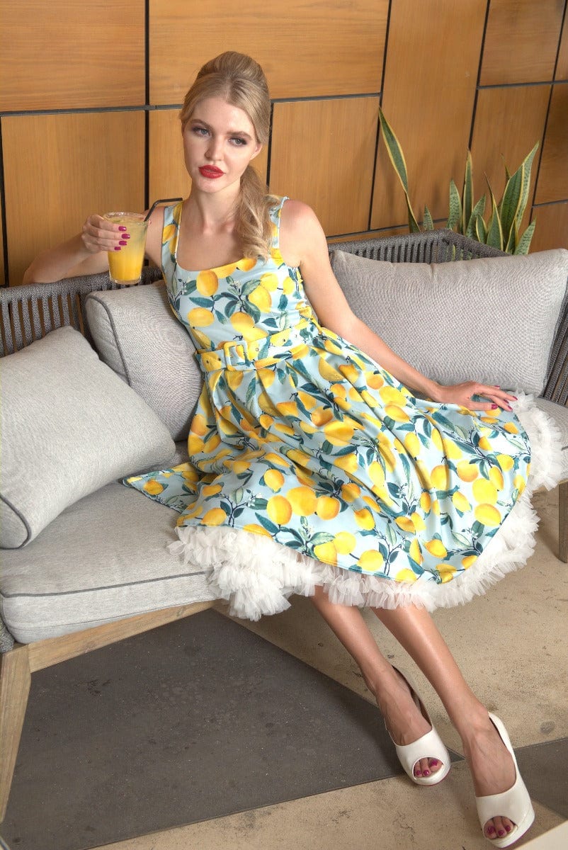 Vintage Inspired Blue Lemon Print Dress