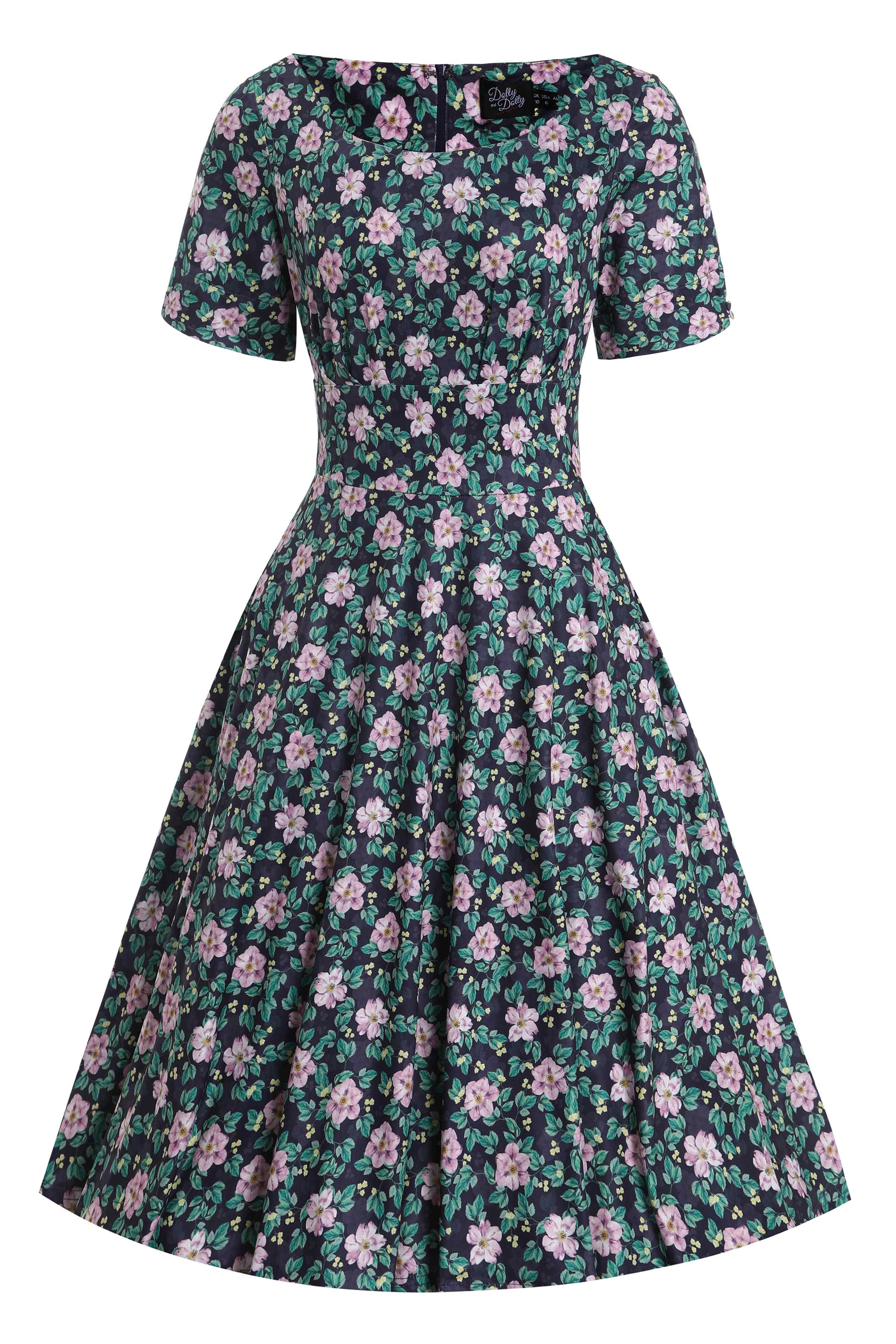 Brenda Black/Purple Floral Flared Day Dress