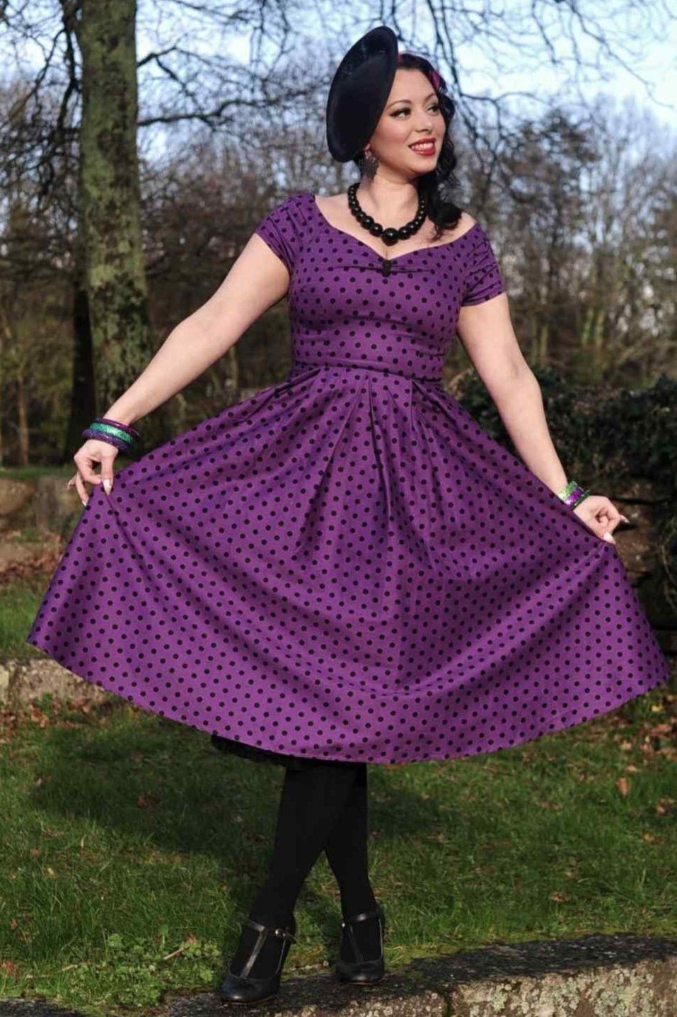 Lily Purple Polka Dot Off Shoulder Dress - Dolly and Dotty